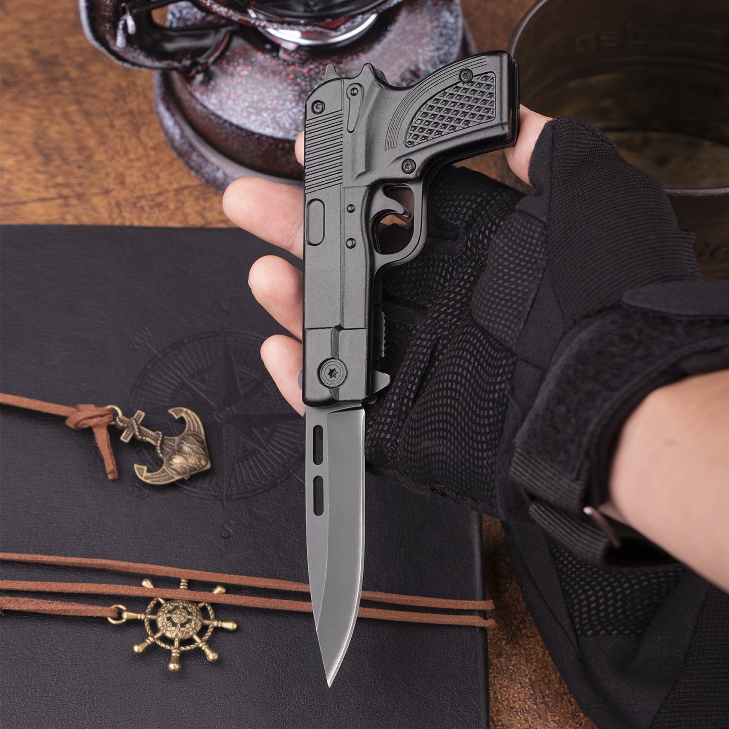 7" Tactical Pistol Replica Gun Spring OPEN Assisted Grey Pocket Knife ...