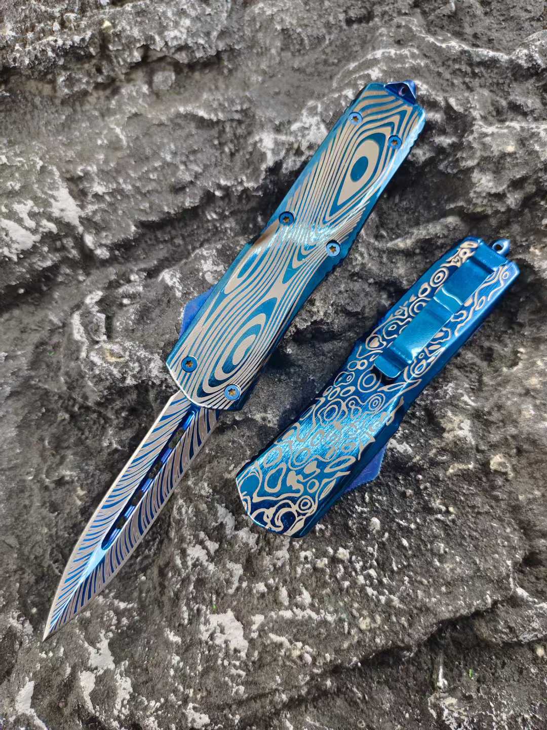 Blue Titanium Shark Tooth Dragon Straight Jump Knife – BoxKatana