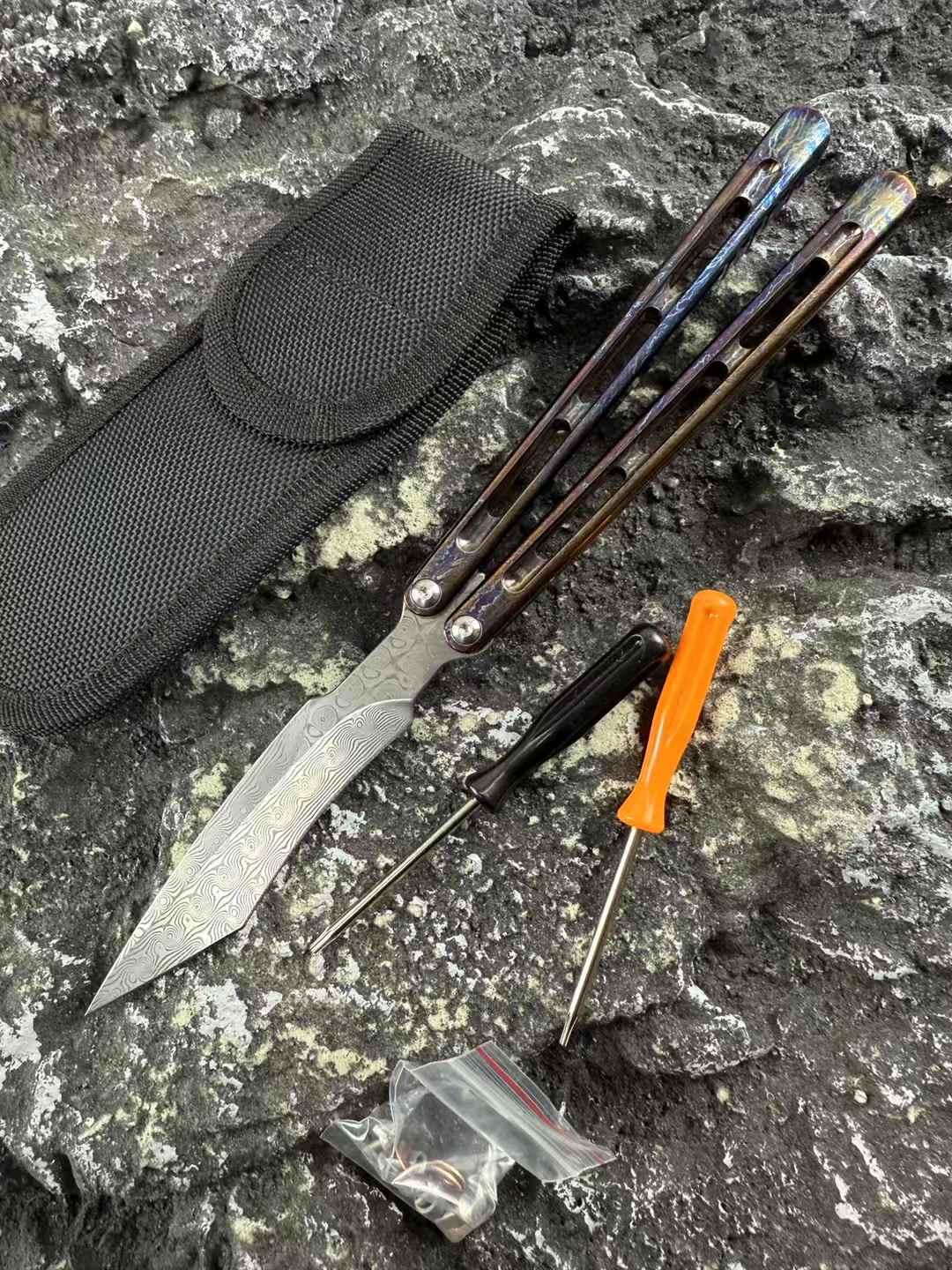 TheOne Integral Titanium Handle Flamed Viper Butterfly Damascus Blade – BoxKatana