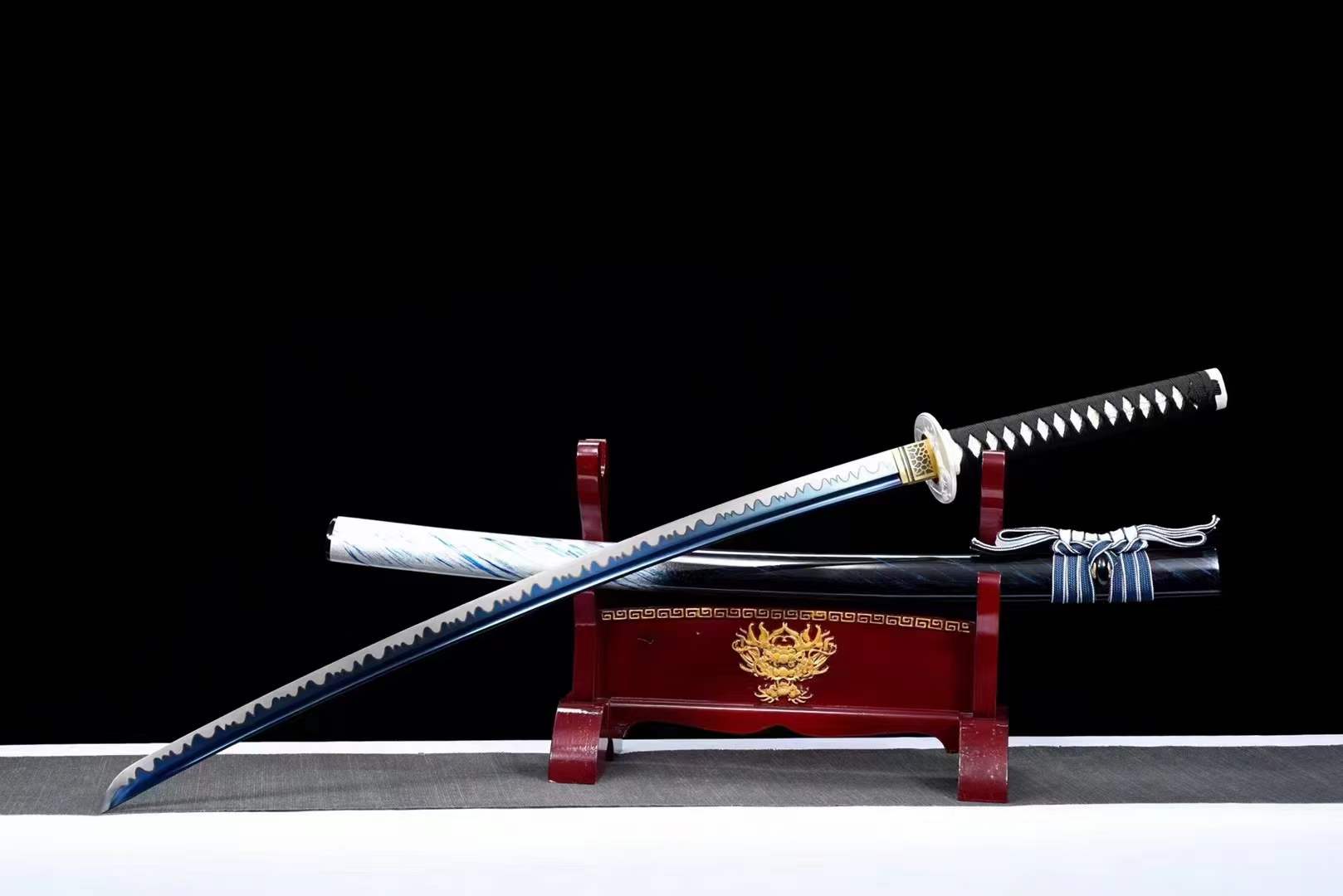 Hand Forged Japanese Samurai Katana 知恵を知る Spring Steel Roasted Blue Pu ...