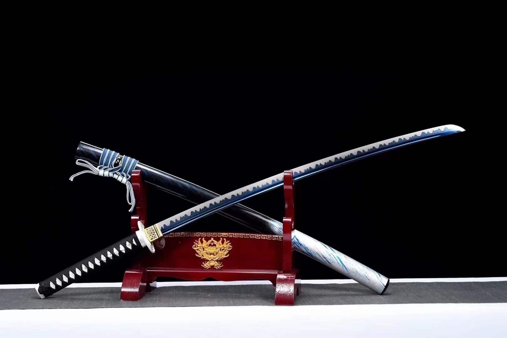 Hand Forged Japanese Samurai Katana 知恵を知る Spring Steel Roasted Blue Pu ...