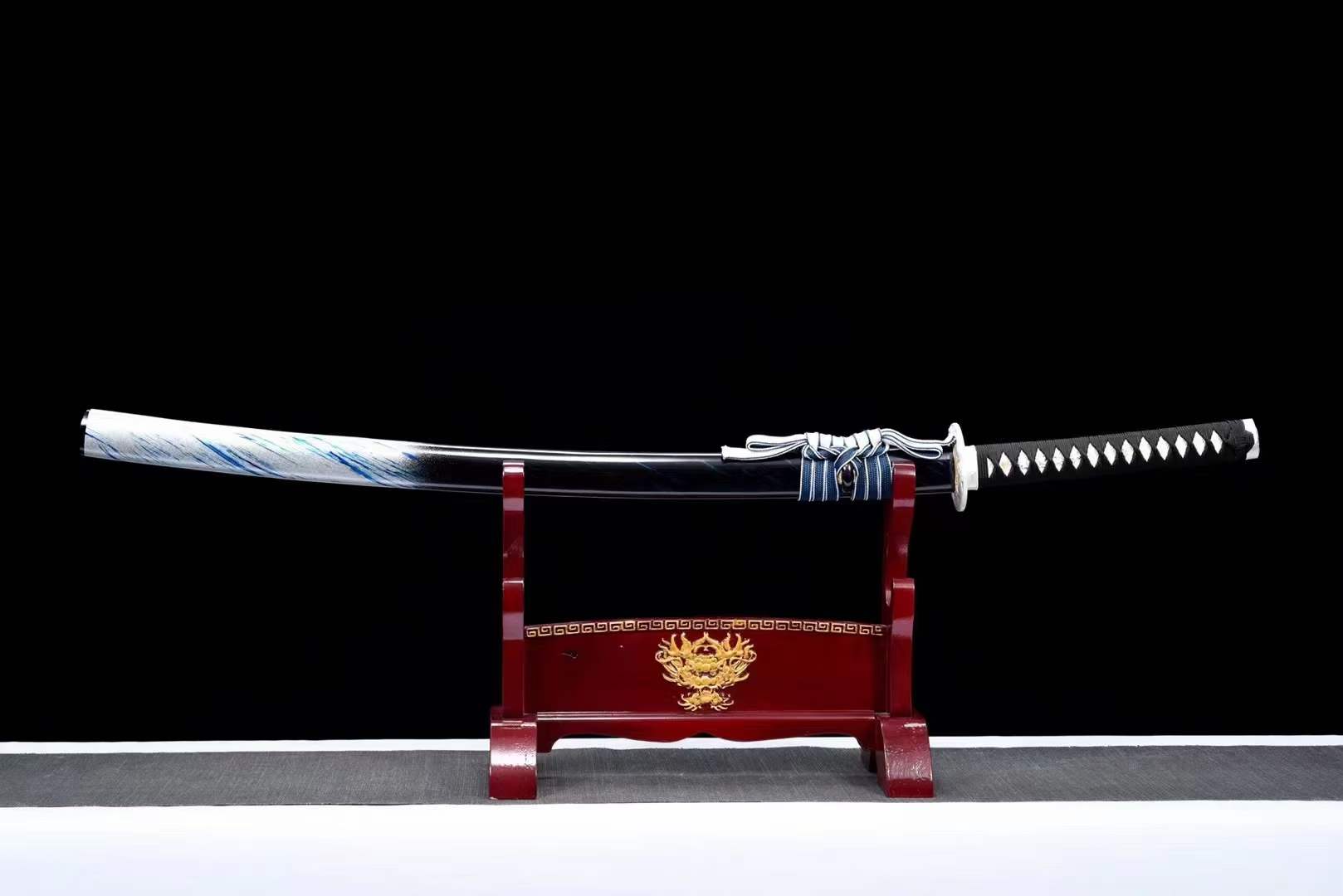 Hand Forged Japanese Samurai Katana 知恵を知る Spring Steel Roasted Blue Pu ...